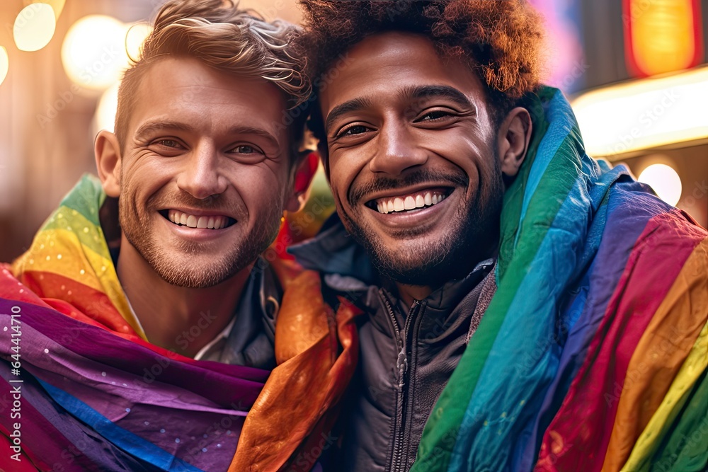 Young male couple kissing at the pride festival. Lovely gays couple ...