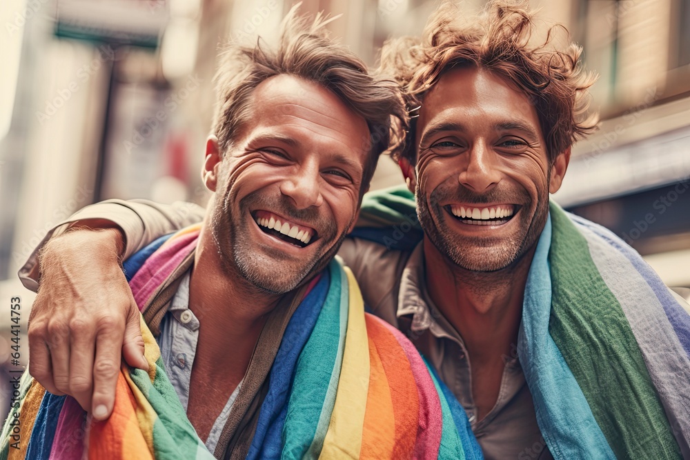 Male couple kissing behind a rainbow flag. Young male couple kissing at ...