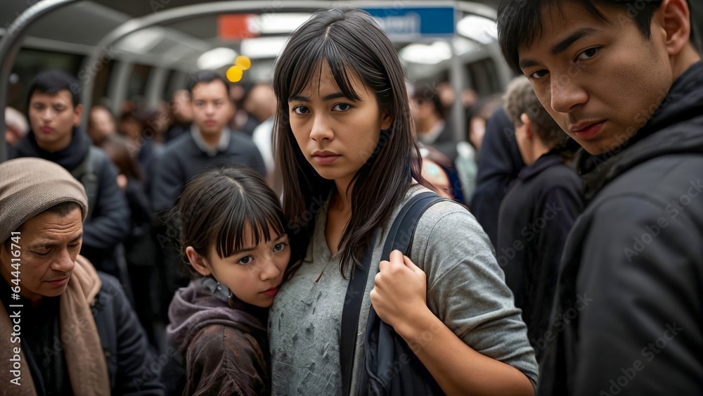 sad refugee family looking back, girl snuggles up to her mom Stock ...
