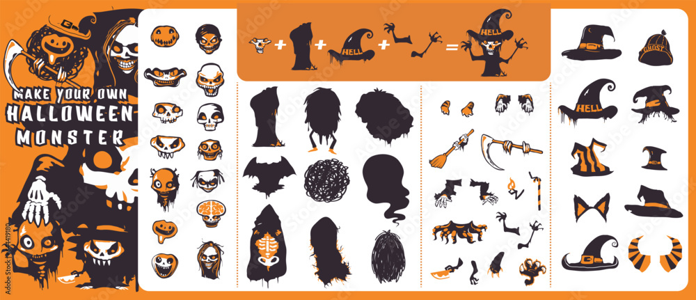 Vetor de Make your own Halloween Monster, creation set for building ...