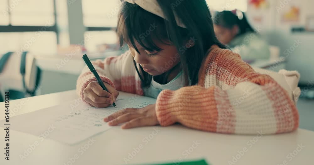 Girl child, classroom and writing test with paper, thinking and ...