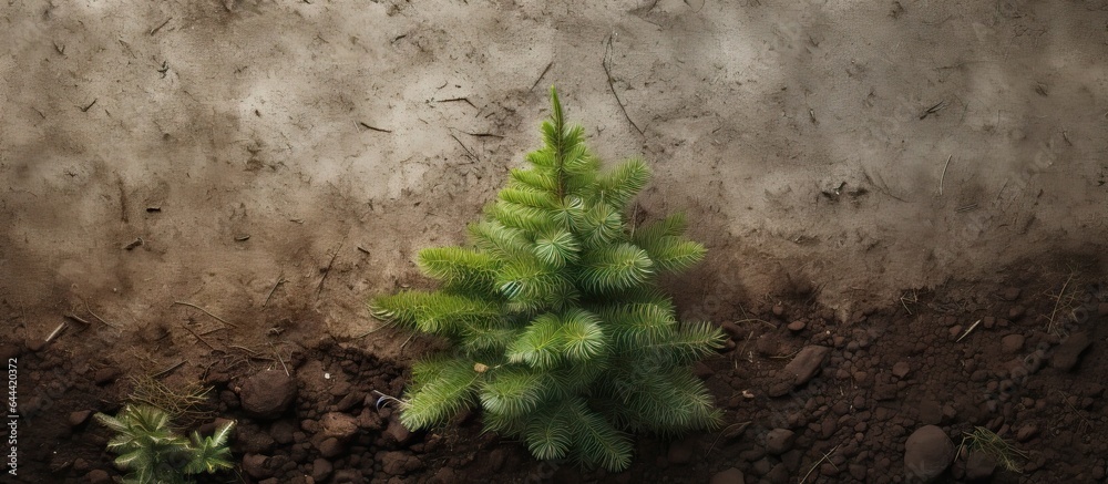 Studio shot of isolated fir tree in soil pile on a isolated pastel ...