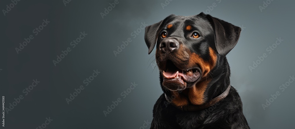 Rescue Rottweiler tilting head in studio portrait against light ...