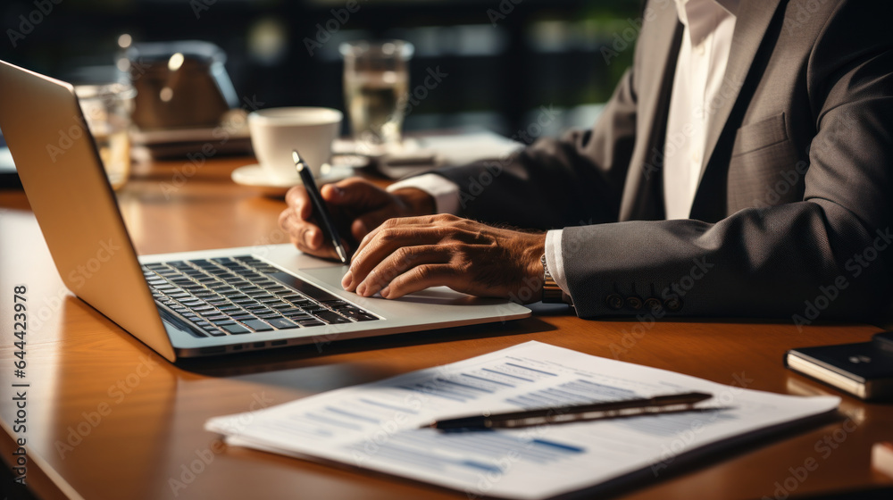 Cropped image of businessman working with laptop at the table in office ...
