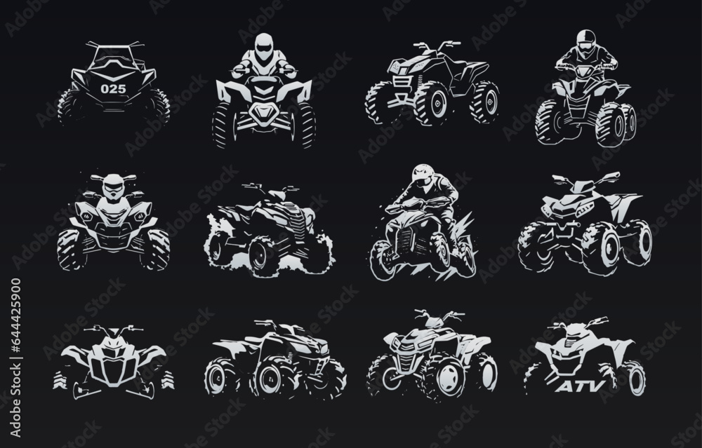 ATV icon set. Monochrome four-wheel hand-drawn label collection evokes ...