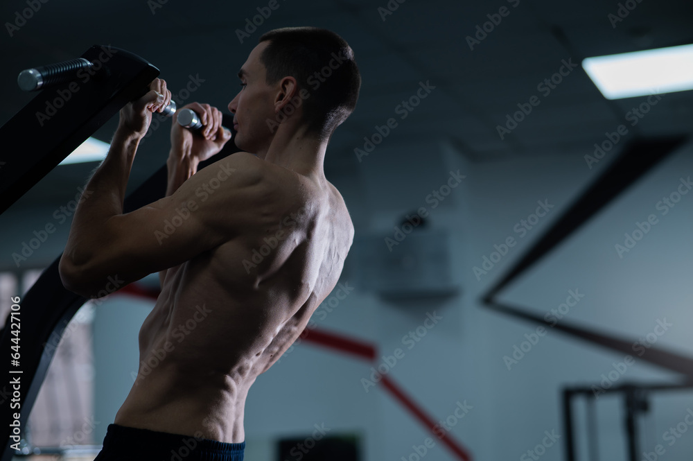Back view of shirtless man with pull-ups in gym. Narrow grip. Stock ...