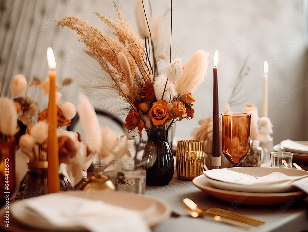 Beautiful fall table setting, autumn dinner table decoration with ...