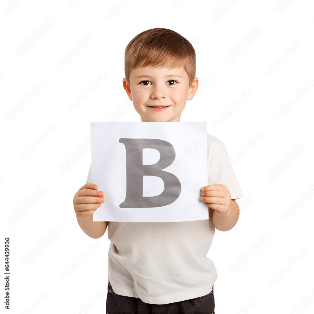 Cute child holding a paper with letter B. Isolated on transparent ...