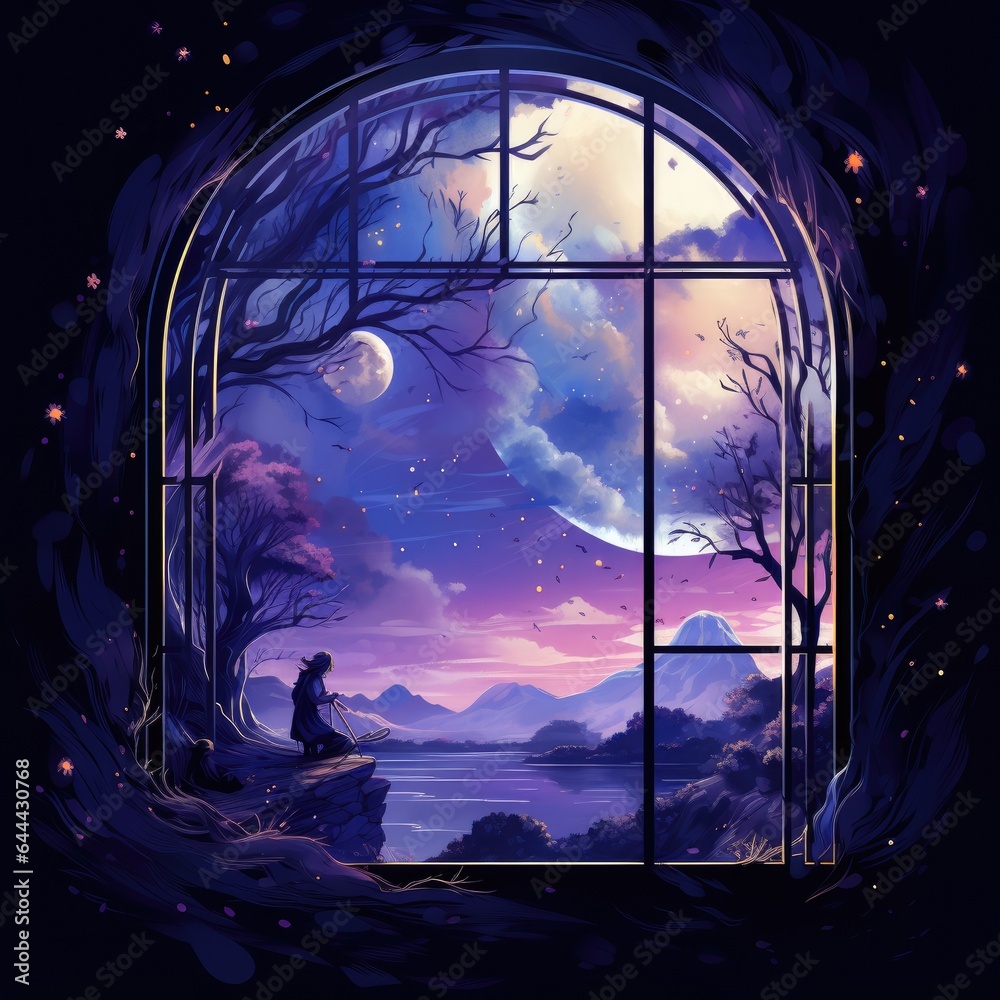 Dreamy Window Frame An Illustrated Watercolor Night Sky with Purple ...