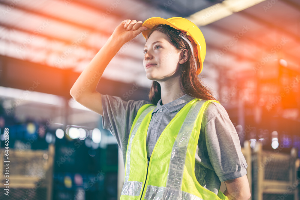 Factory female worker. Engineer woman worker working in plant ...