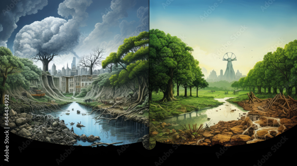 Bad vs good environment. Good and poor ecology comparison. Humanity ...