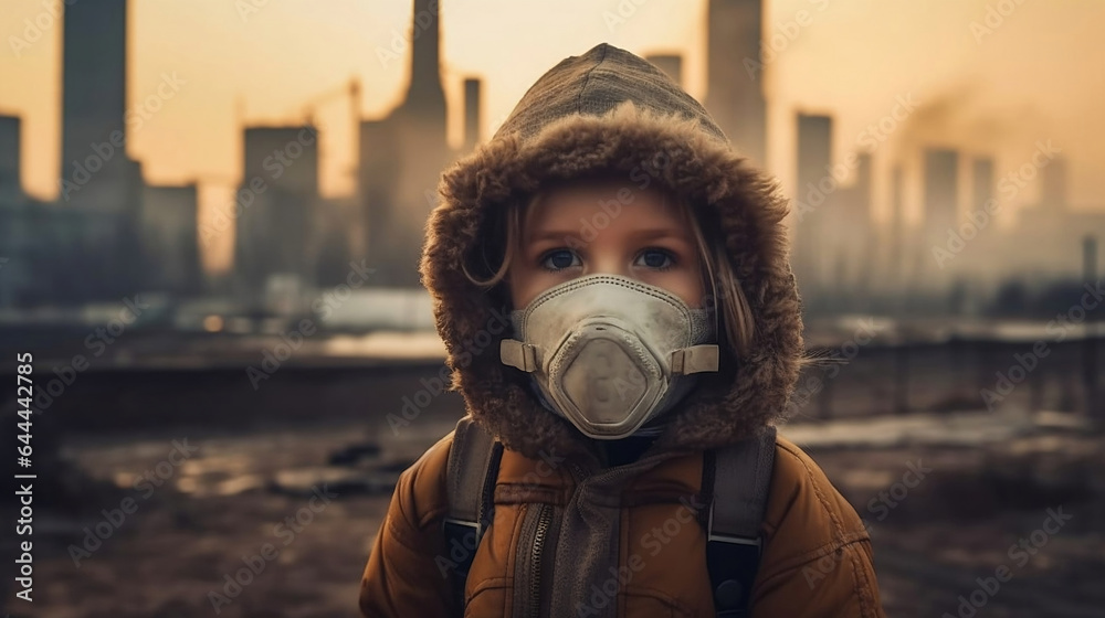Girl wearing gas mask protecting herself from air pollution in the city ...
