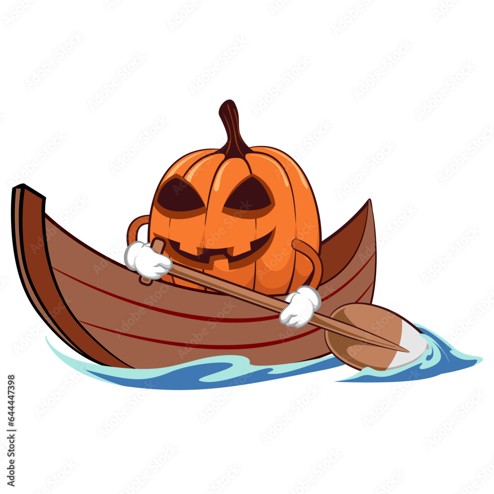 Vector mascot, cartoon and illustration of a halloween pumpkin rowing a ...