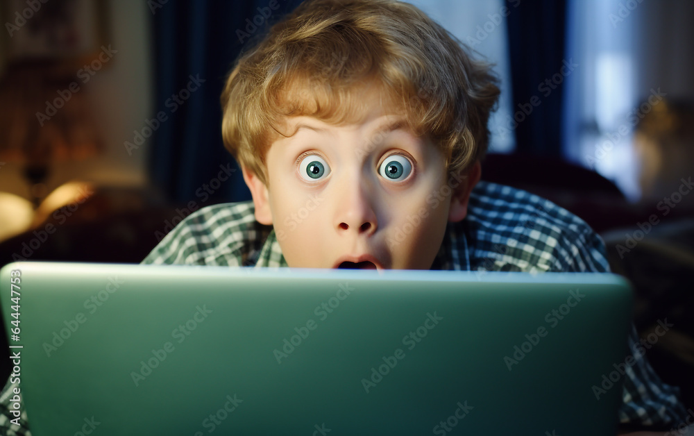 Shocked and surprised child boy on the internet with laptop computer ...