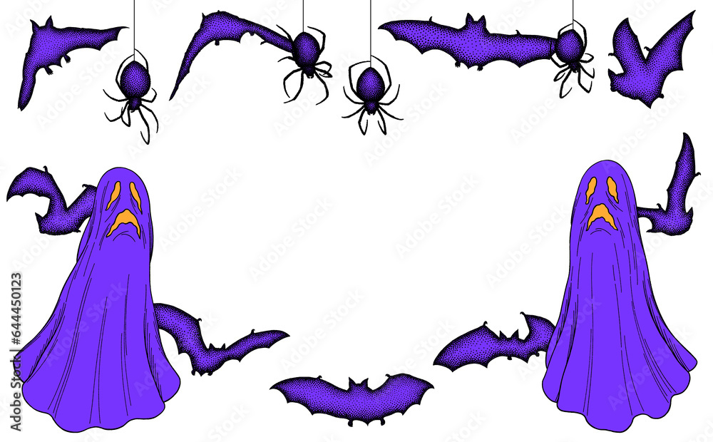 Halloween frame with hand-drawn ghosts, bats and spiders isolated on ...