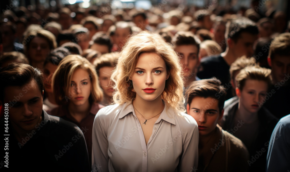 Remarkably Distinct: Blonde Woman Defying Crowd's Uniformity Stock ...