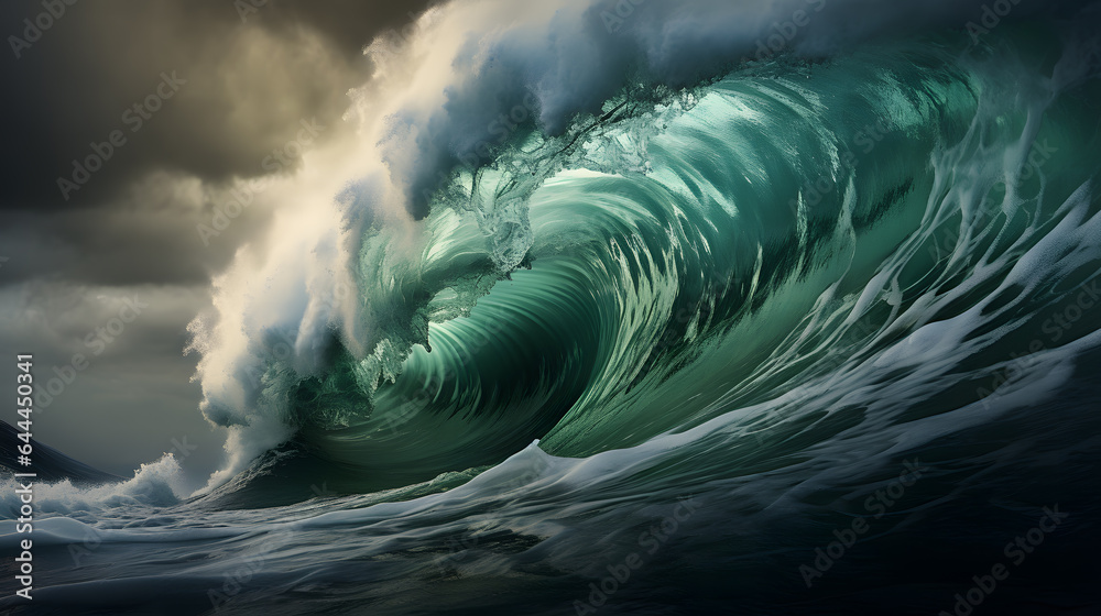 A colossal wave rises against the backdrop of a stormy sky ...