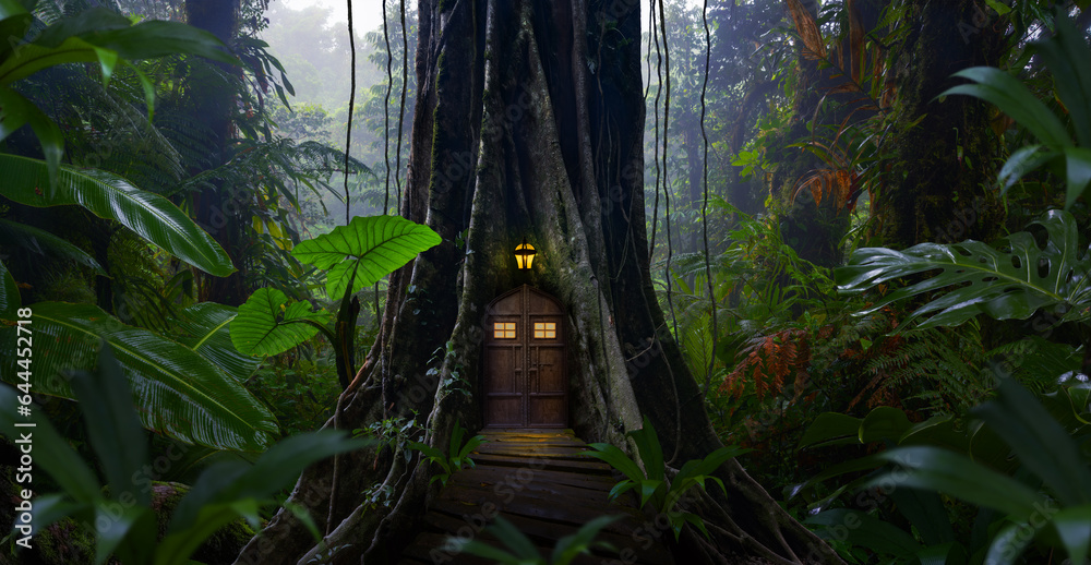 House inside a big tree in the tropical jungle Stock Illustration ...
