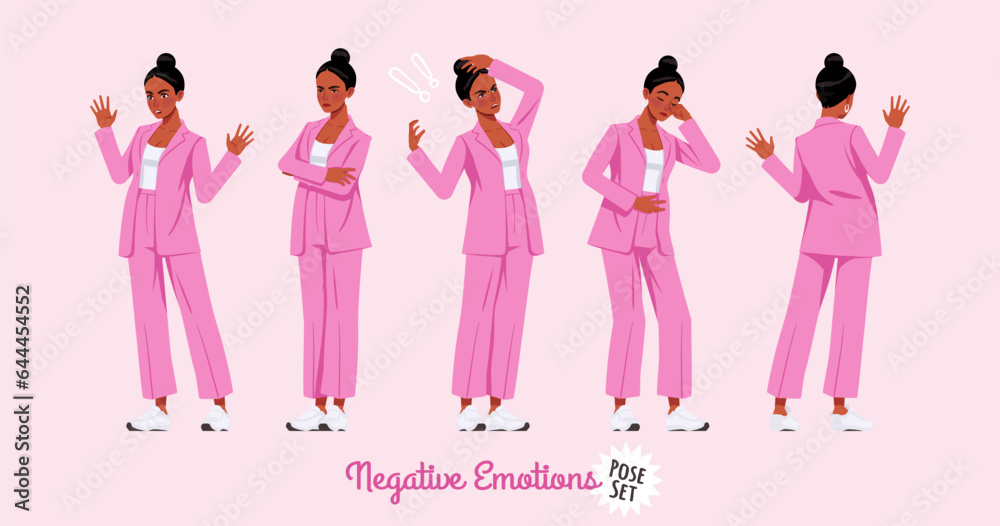 African american woman in pink suit negative emotions pose set. Wide ...