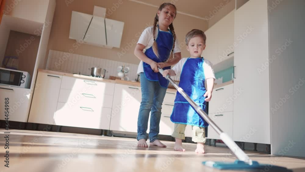 Group Of Children Baby Washes The Floors Happy Family Kid Dream