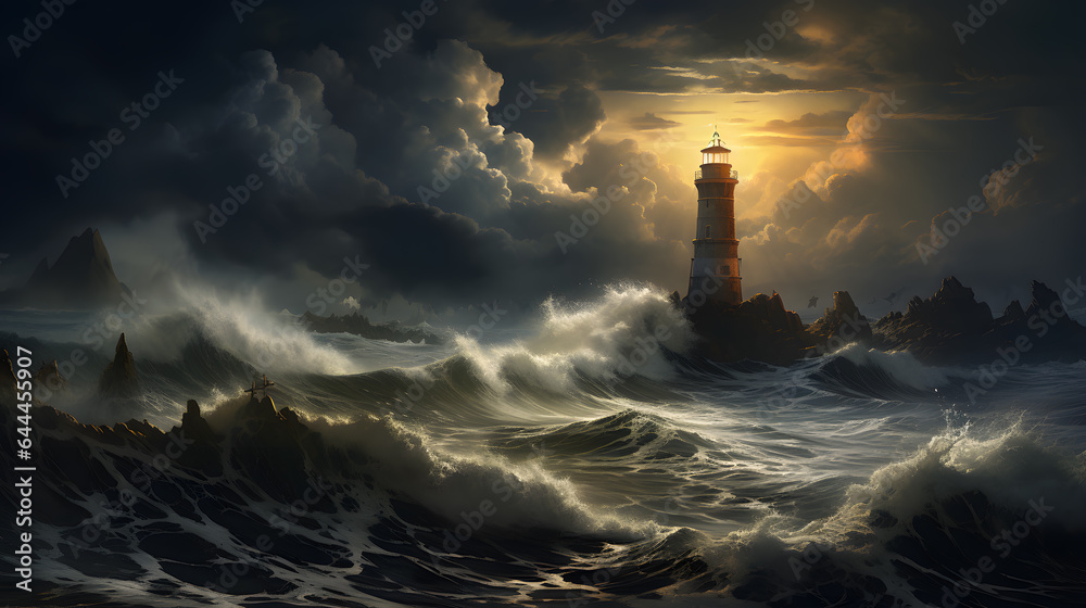 Ilustração do Stock: Amidst a tempestuous sea, a steadfast lighthouse ...
