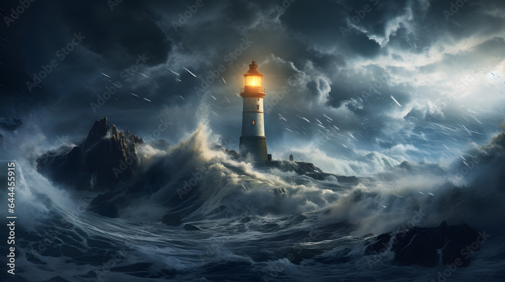 Amidst a tempestuous sea, a steadfast lighthouse sends out its guiding ...