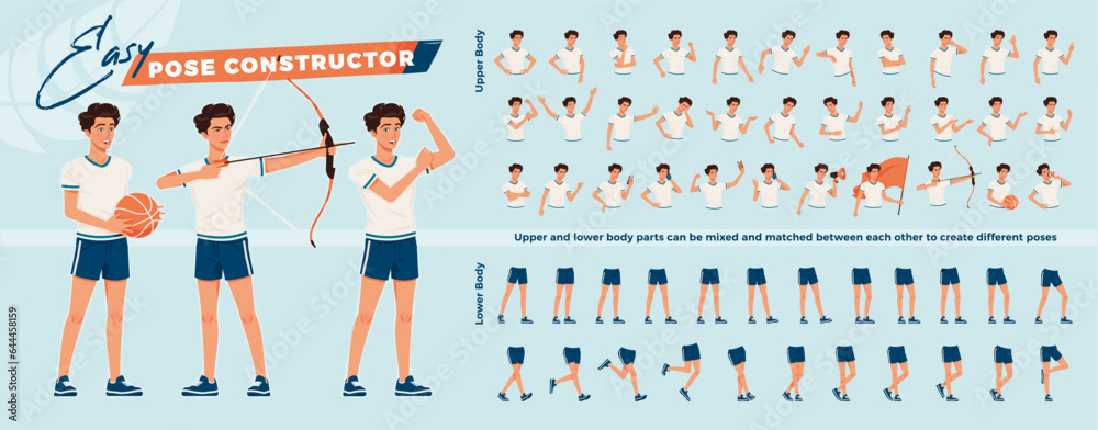 Vetor de Sporty teenage, handsome brunette boy character easy pose ...