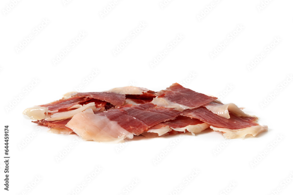 Sliced Iberian Serrano ham isolated on white background. Iberian ...