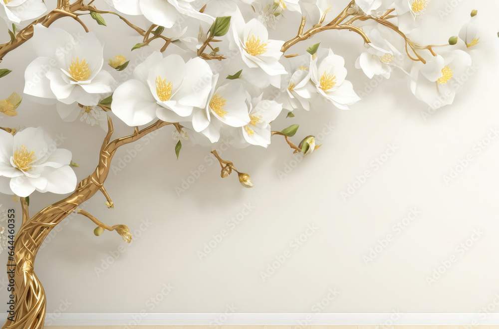 3D Floral Tree Wallpaper: White Flower Leaves and Golden Stem ...