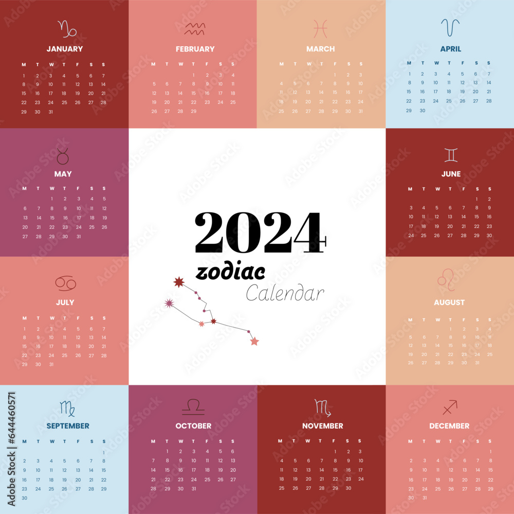 Zodiac calendar 2024, 12 sun signs, square design, easy to scale Stock ...