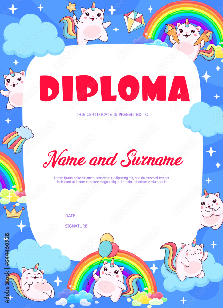 Kids diploma with caticorn cat and kitten cute characters on rainbow ...