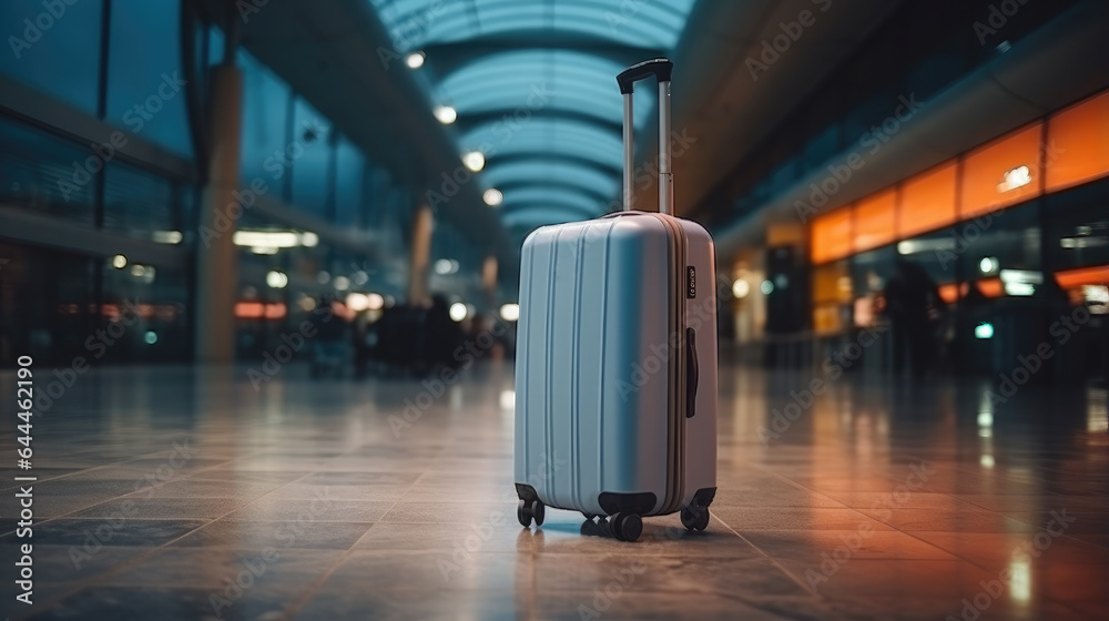 Generative AI, stylish modern suitcase on the background of the airport ...