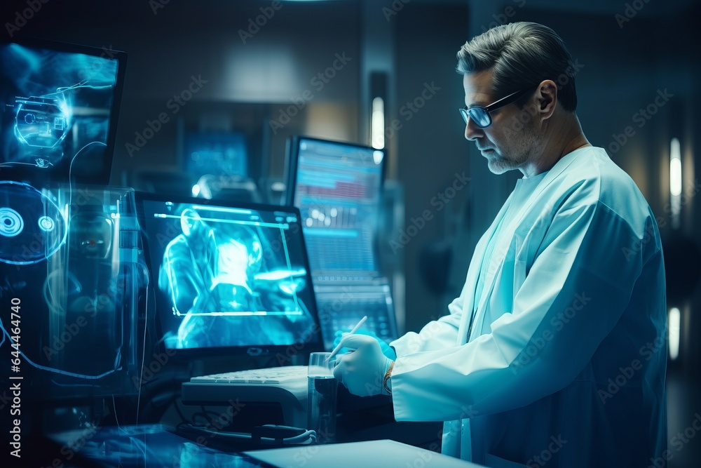 cyber overlay: a male doctor working in a futuristic hospital with ...