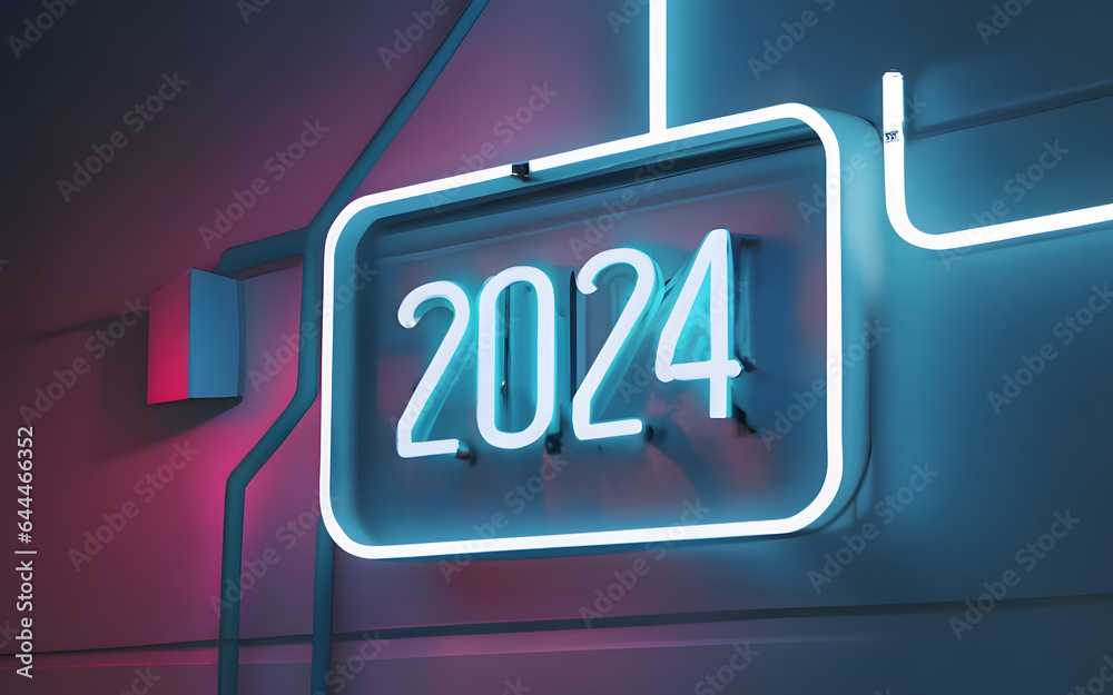 2024 Happy New Year neon logo text design. A poster with a neon text ...