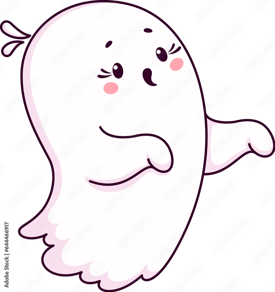 Cartoon Halloween kawaii cute ghost character with mischievous face and ...