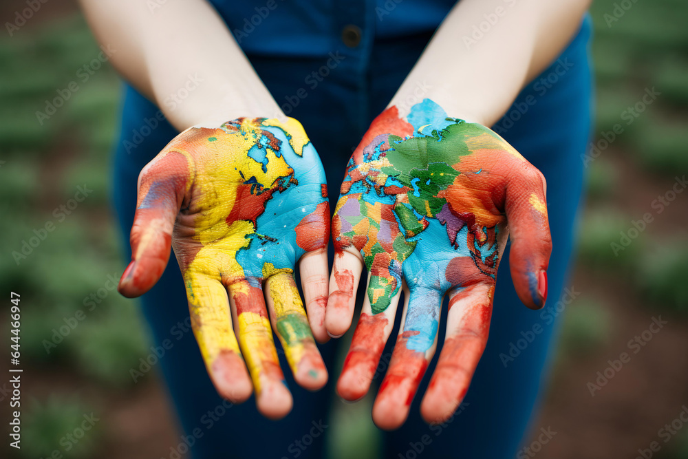 A colorful world map painted on both palms Stock Photo | Adobe Stock