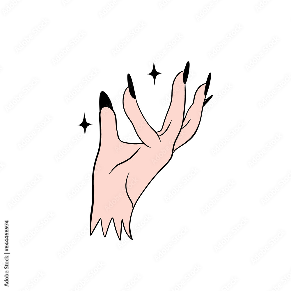 Hand drawn illustration of witch hand with black fingernails nails ...