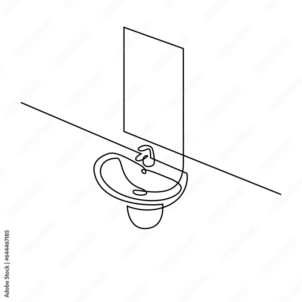 Bathroom wall with wash basin and mirror in continuous line art drawing ...
