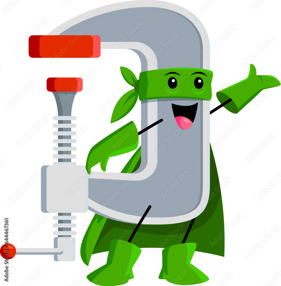 Cartoon clamp or vise superhero character. Isolated vector powerful ...