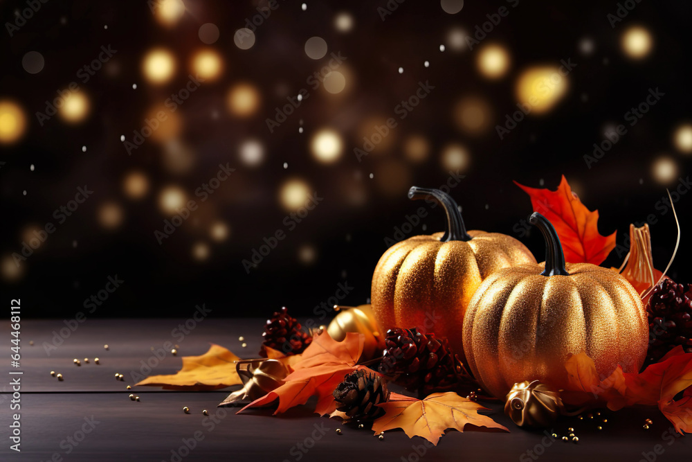golden glitter pumpkins with fall leaves on wooden ground in front of a ...