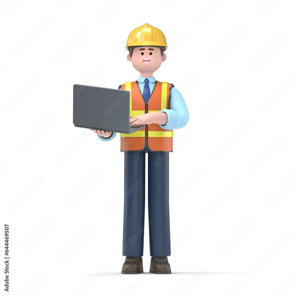 3D illustration of standing male engineer Owen holding laptop ...
