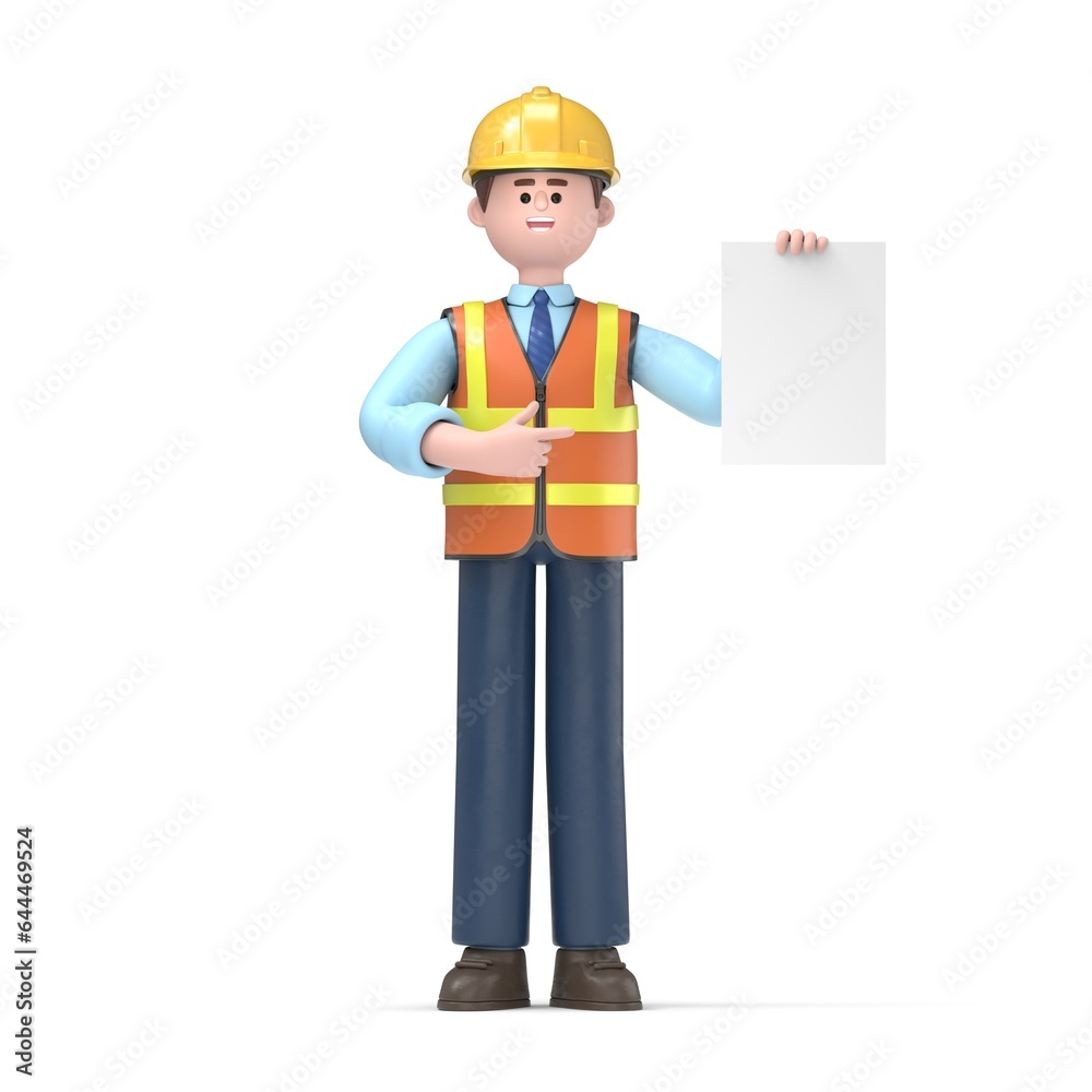 3D illustration of male engineer Owen holding white blank board ...