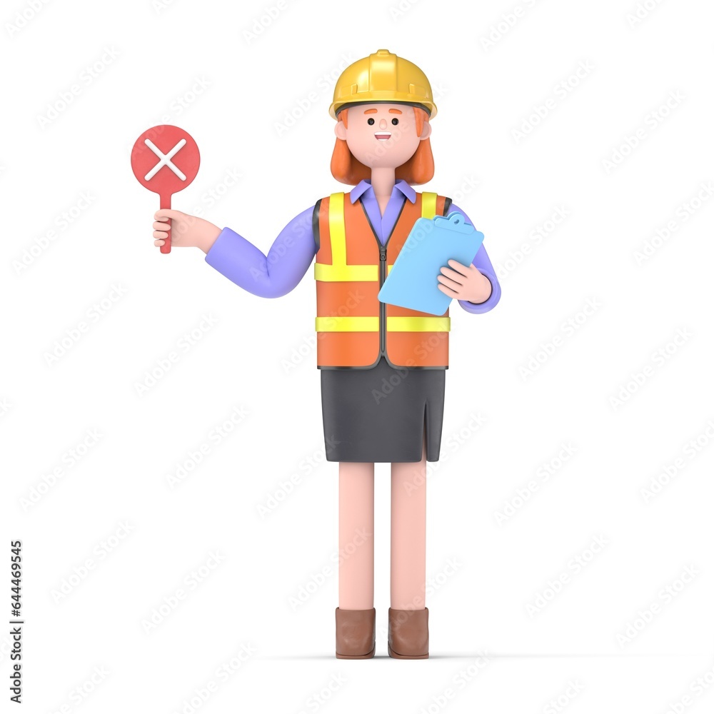 3D illustration of Female engineer Pam pointing at stop sign, 3D ...