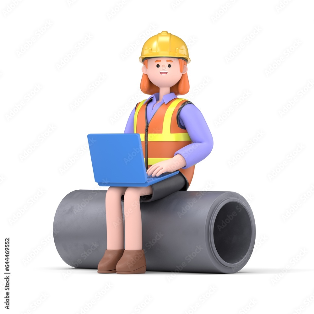 3D illustration of Female engineer Pam works on a laptop and sits on ...