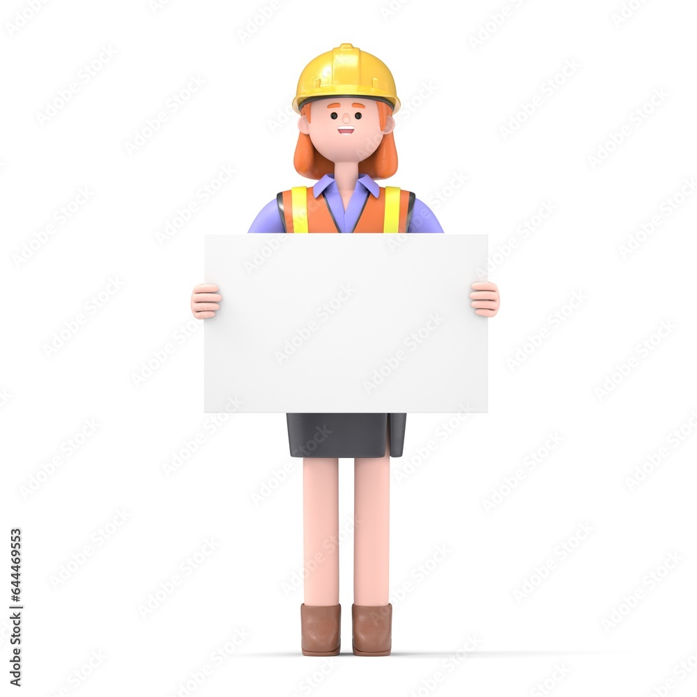 3D illustration of Female engineer Pam holding white blank board ...