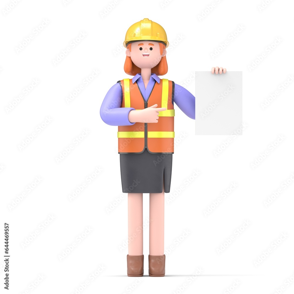 3D illustration of Female engineer Pam holding white blank board ...