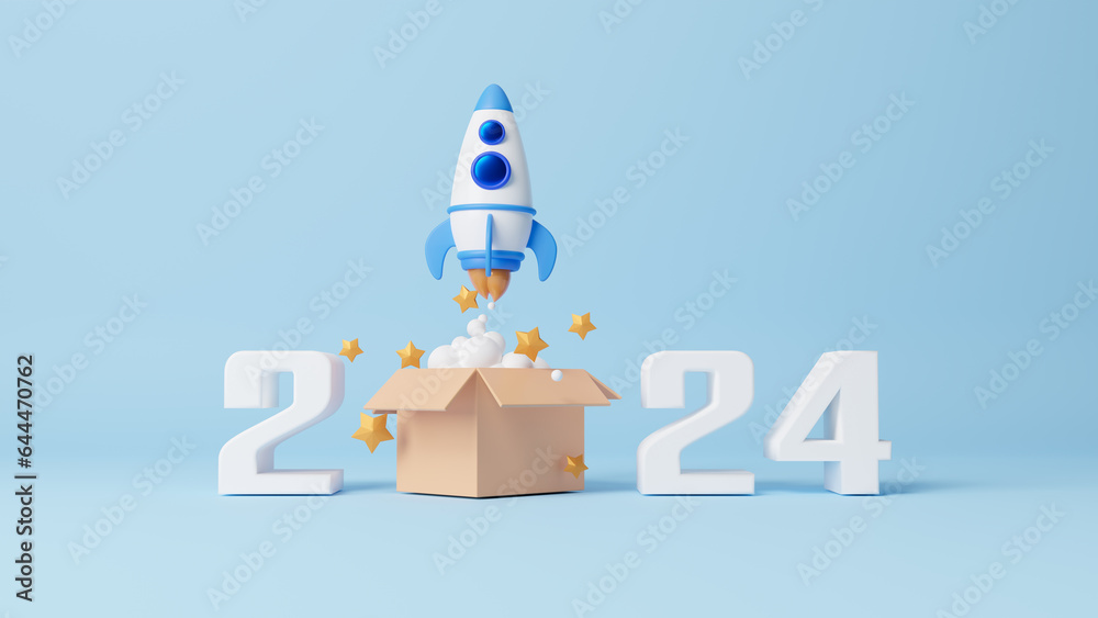 Open box launch a business in 2024 with rocket rising moving up and ...