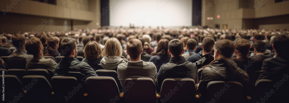 A speaker giving a lecture to an audience in an auditorium, or hall. A ...