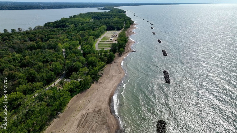 Beautiful sandy beach and coastline of barrier island on Lake Erie ...