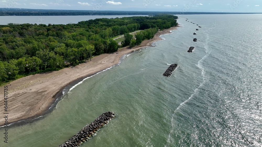 Beautiful sandy beach and coastline of barrier island on Lake Erie ...